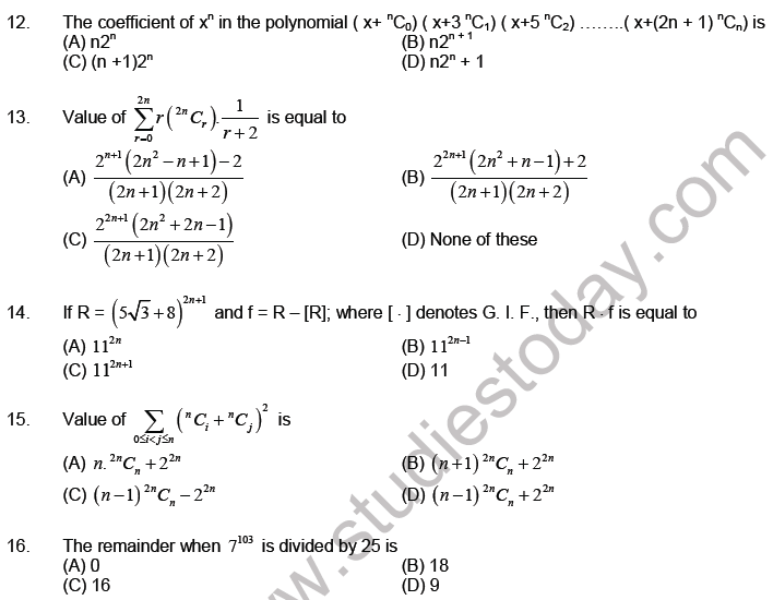 JEE Mathematics Binomial Theorem MCQs Set C with Answers